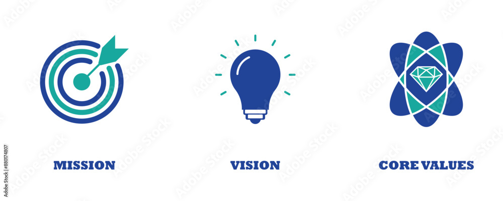 set of Mission, Vision and Values of company with text. Web page ...