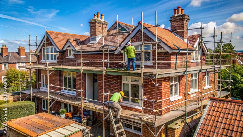 Rooftop scaffolding surrounds a semi-detached house in Southport as ...