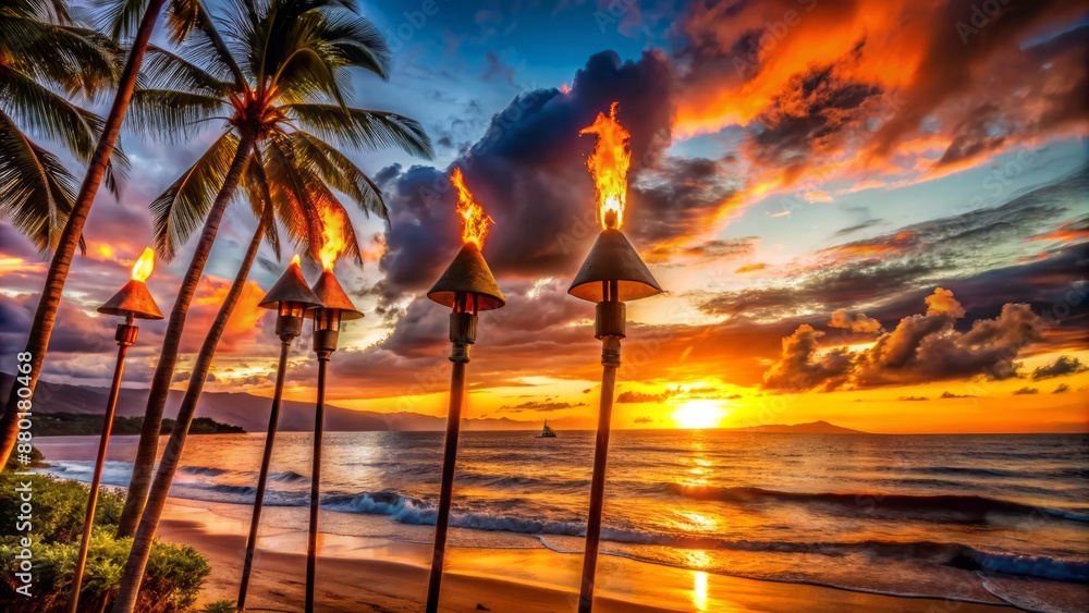 Vibrant orange hues of a breathtaking sunset backdrop majestic tiki ...