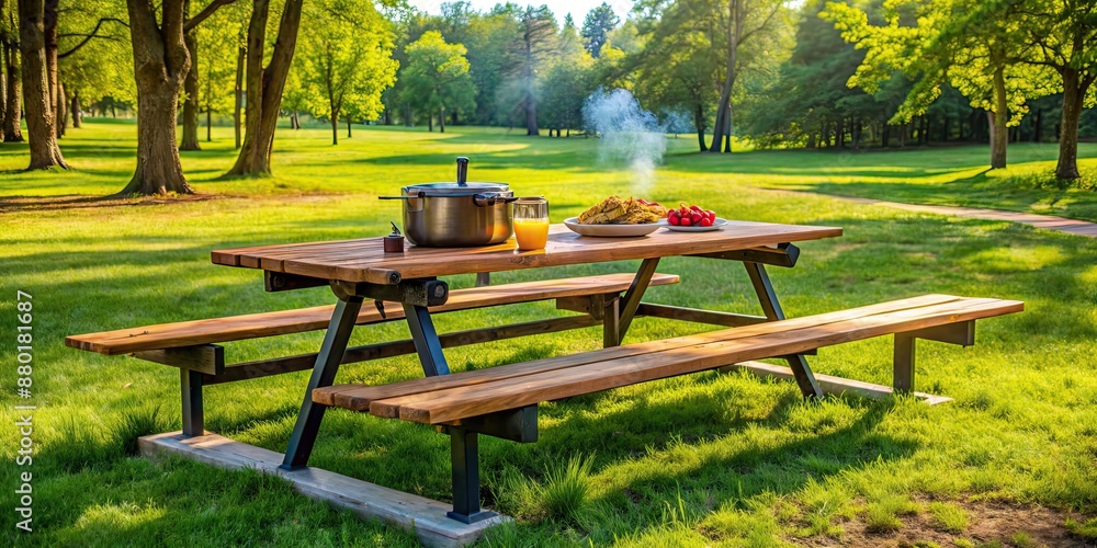 Wooden picnic table with benches, food, and barbecue grill set up for a ...