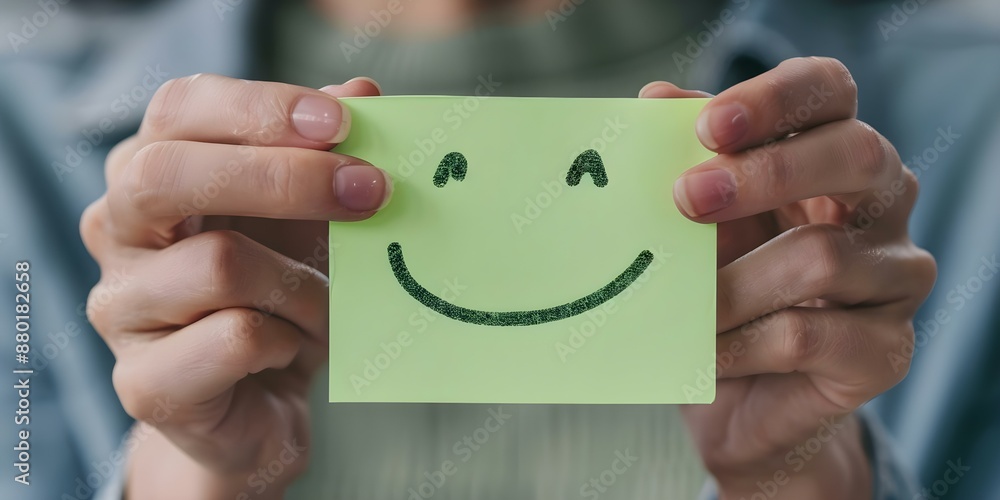 Green smiley face on paper held by hands positive customer feedback ...