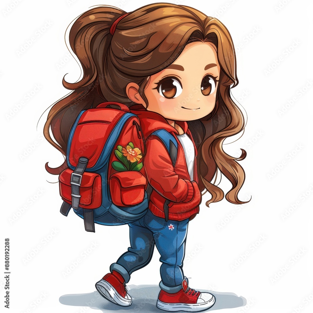 Cute chibi girl with a red backpack, wearing a red jacket and jeans ...