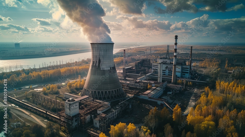 An aerial view of the Chernobyl nuclear power plant, featuring the ...