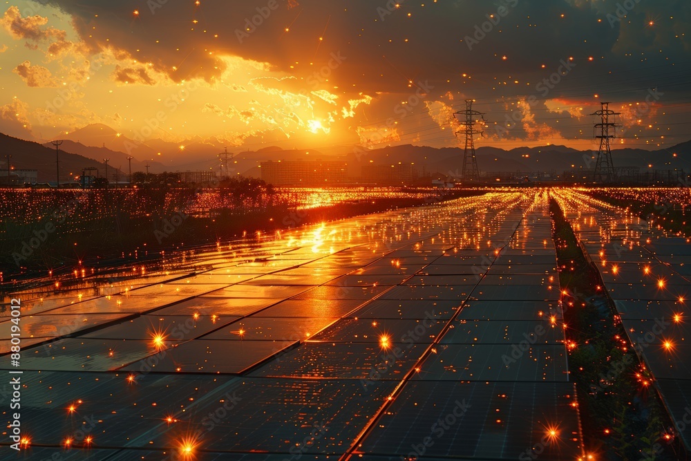 Vast solar farm illuminated by sunset, with floating carbon credit ...