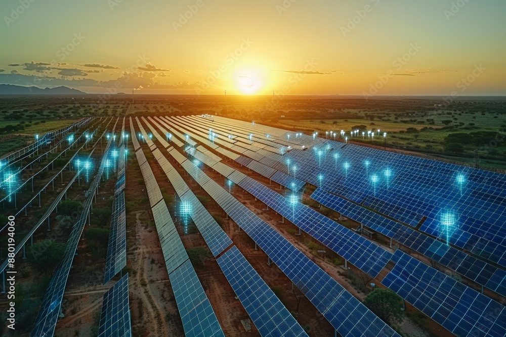 Expansive solar farm with panels reflecting golden sunrise. Floating ...