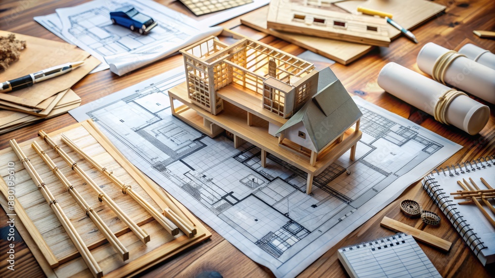 Blueprints and diagrams of building design laid out on large wooden ...