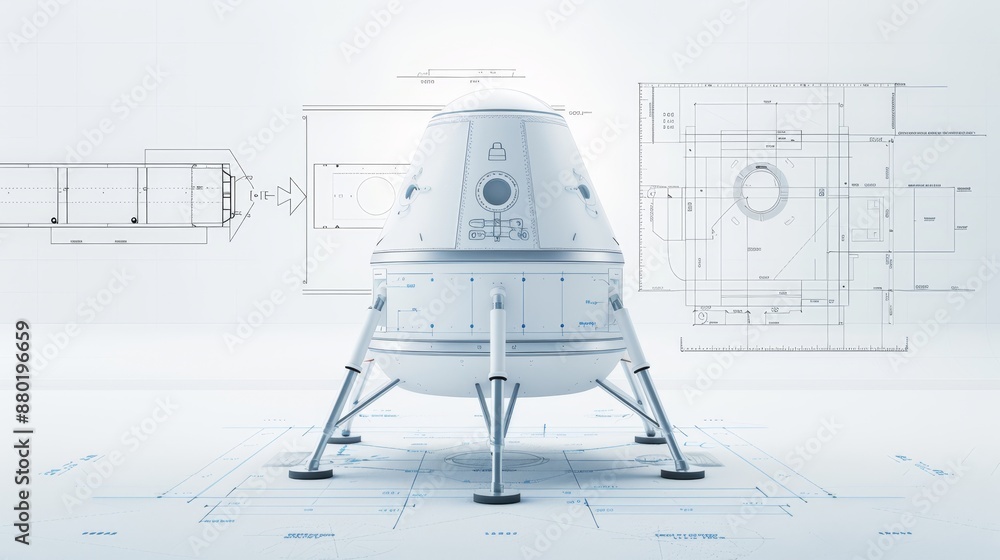 Detailed drafting process of a spacecraft lander, showcasing intricate ...
