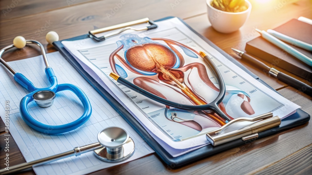 Medical diagrams of prostate and venereal system on desk with ...