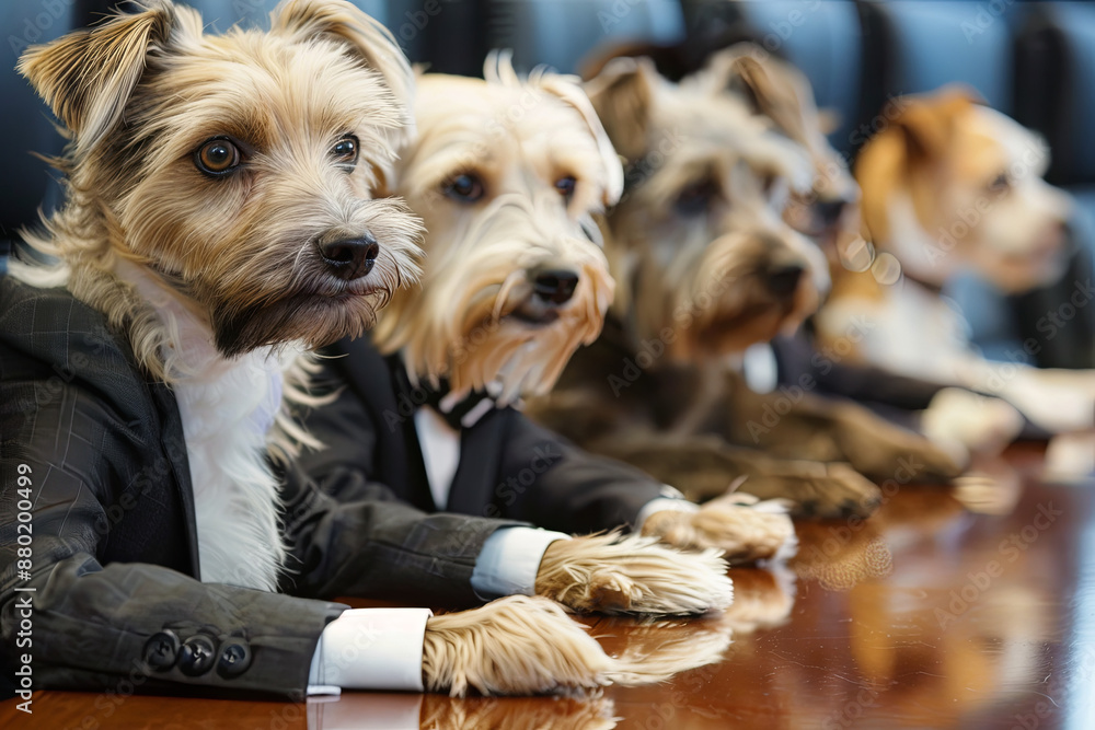 Humorous scene of dogs in business suits sitting around a conference ...