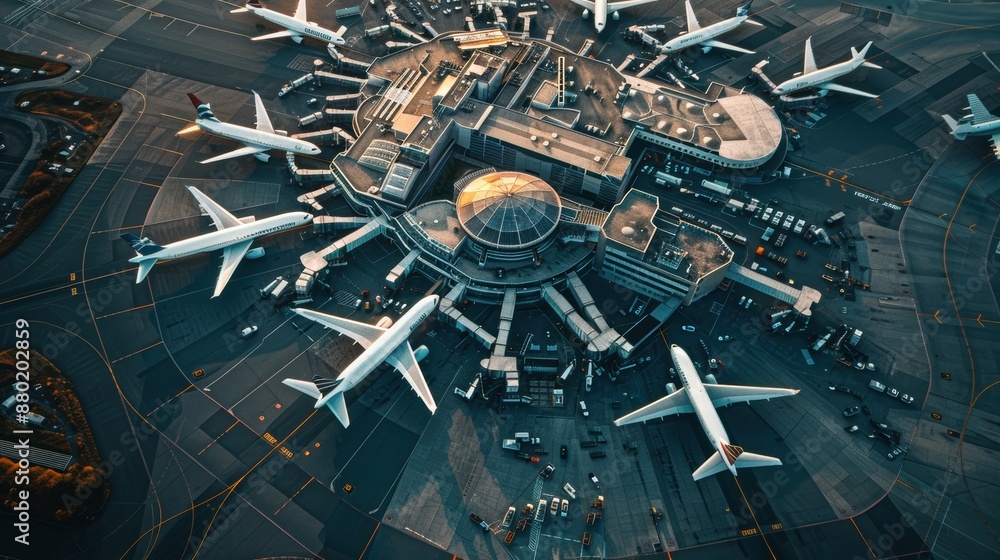 An aerial view of a busy international airport with multiple airplanes ...