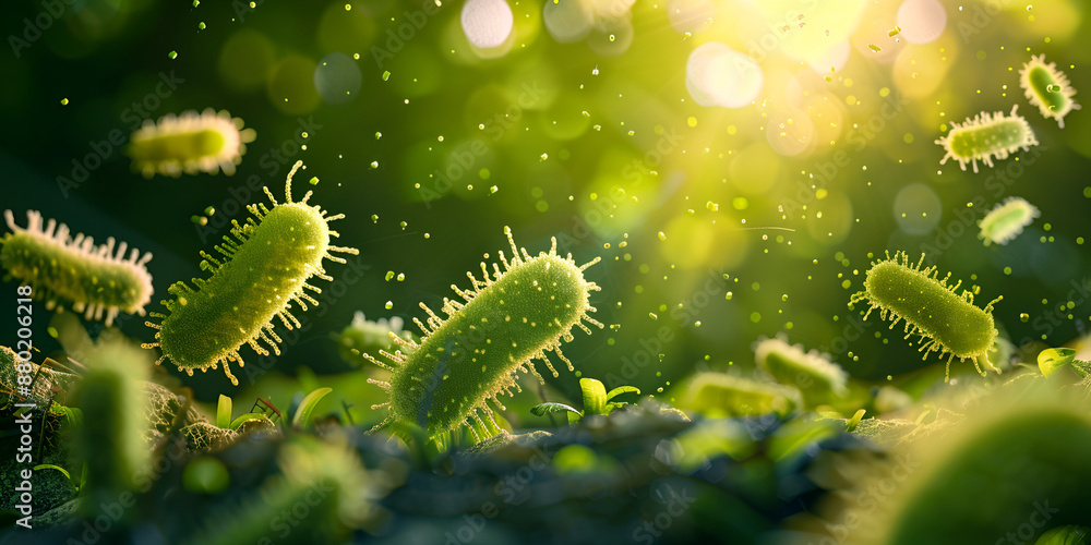 Microscopic view of green bacteria under sunlight Vibrant depiction of ...