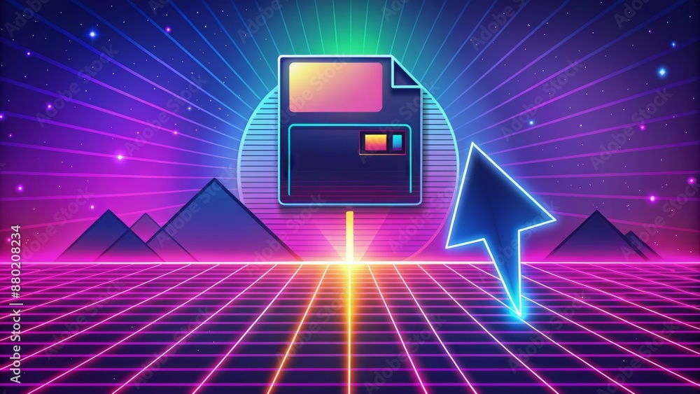 Retrofuturistic vector illustration featuring cursor, pointer, floppy ...