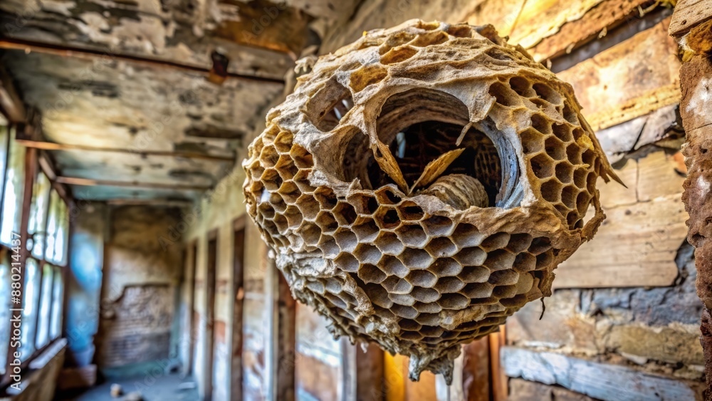 Forgotten corner of an old building reveals a menacing abandoned wasp ...