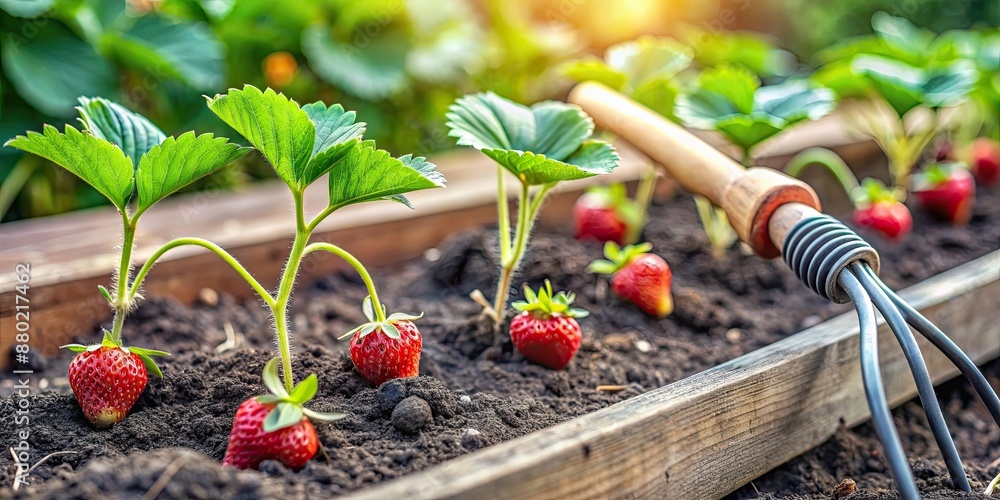 Young strawberry plants in a raised bed with a small rake, strawberry ...