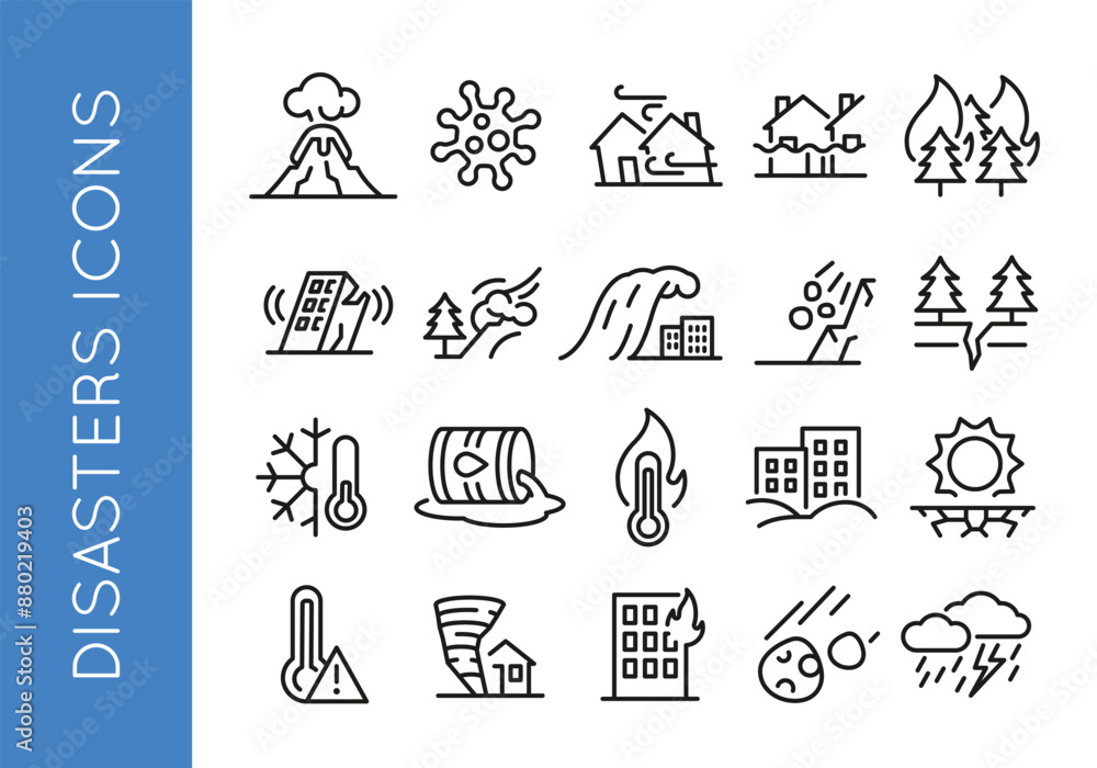 Disasters icons. Set of 20 disasters trendy minimal icons. Example ...