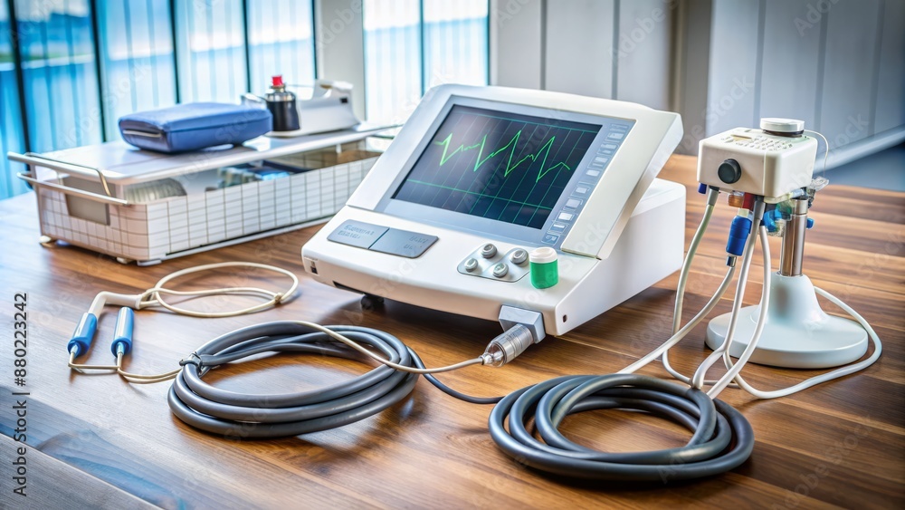 Modern medical equipment setup featuring ECG sensors and blood pressure ...