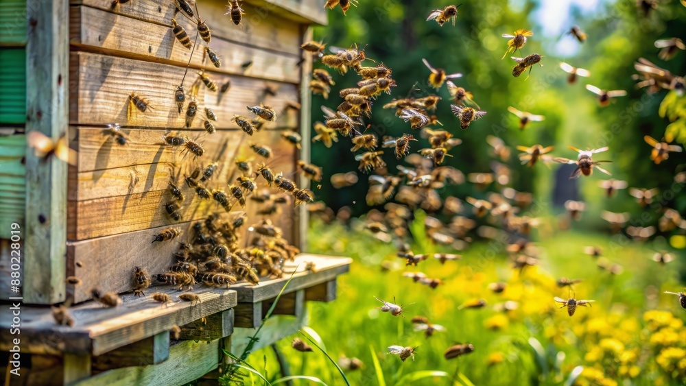 Busy insects swarm around a rustic wooden beehive, bees and flies dart ...