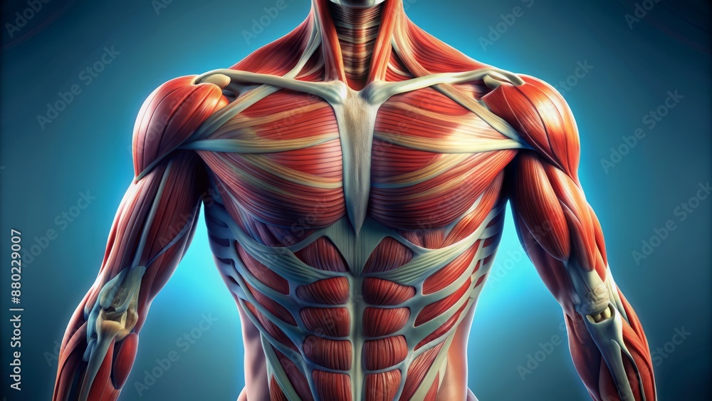 Detailed illustration of the human torso showcasing trapezius muscle ...