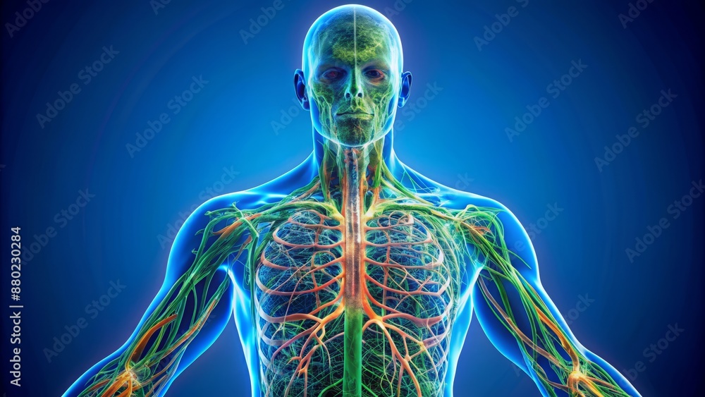 3D illustration of human lymphatic system showcasing lymph nodes ...