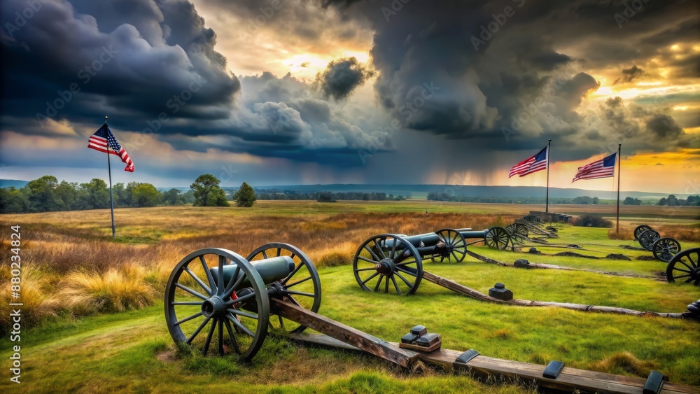 Rugged, mist-shrouded landscape of Gettysburg battlefield with cannons ...