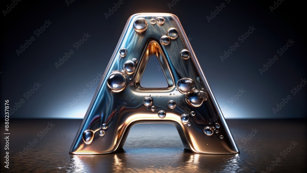 Shiny reflective metallic letter A with fluid droplet shape, molten ...