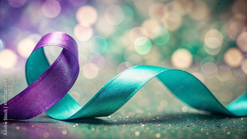 Teal and purple ribbon intertwined in gentle curls, resting on a soft ...