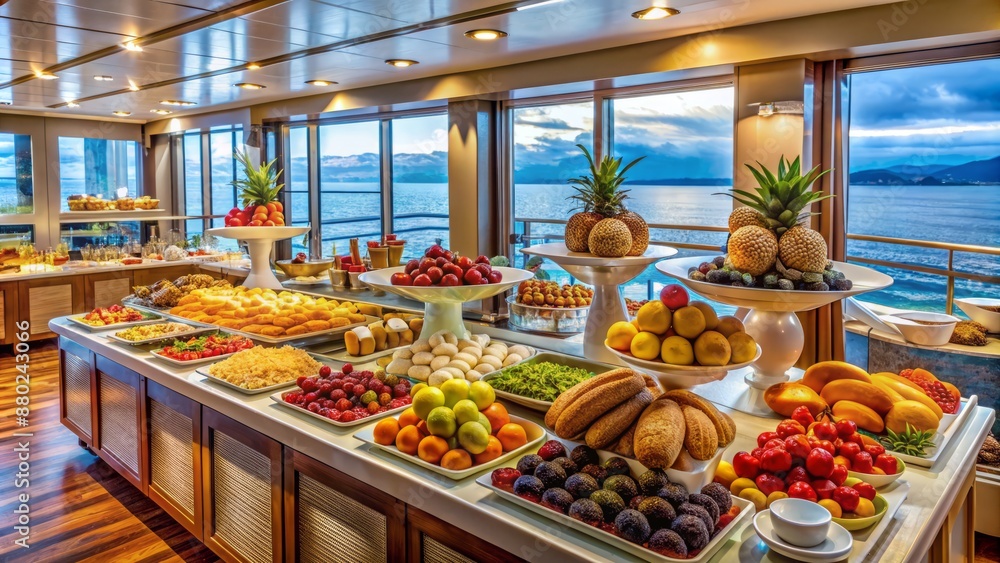 Elegant buffet setup with abundant fresh fruits, pastries, and ...