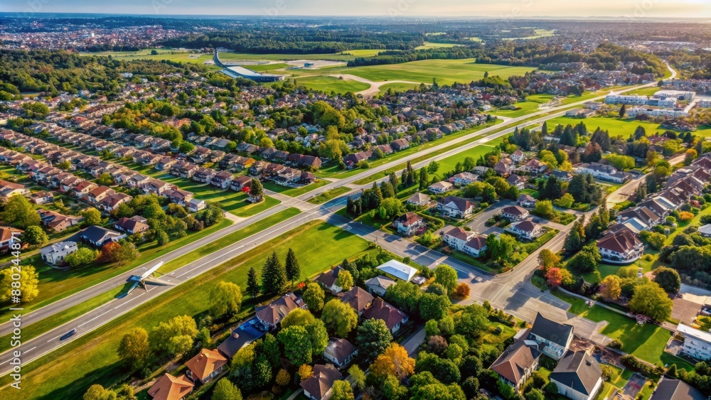 Aerial view of suburban sprawl around airport, showcasing residential ...