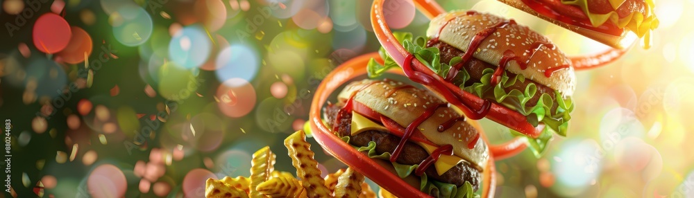 Genetic DNA helix made of fast-food elements like burgers and fries ...