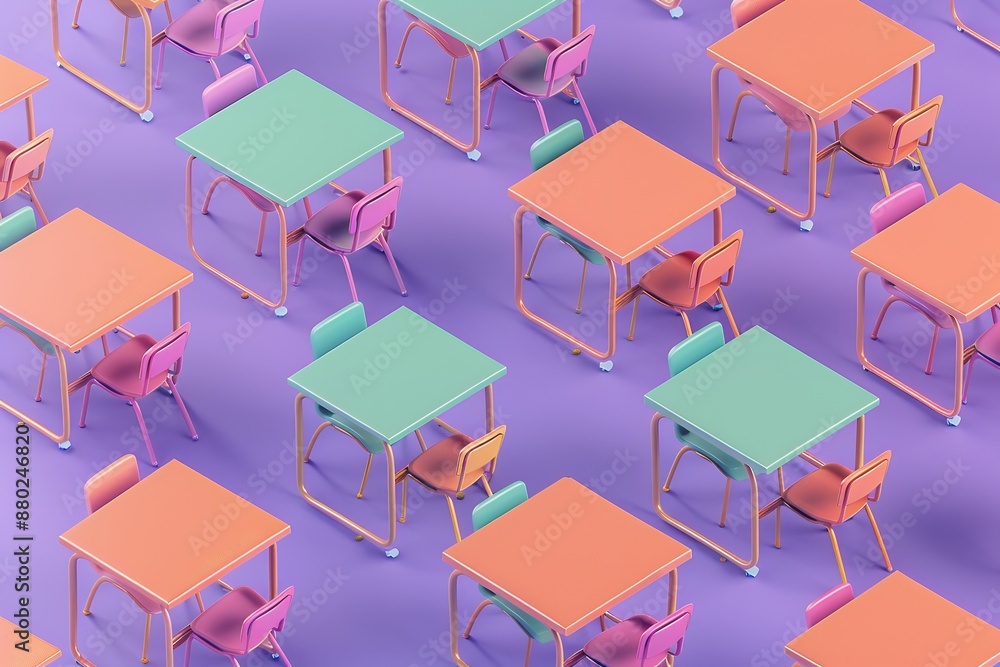 3d render of cute cartoon school desks and chairs pattern on purple ...