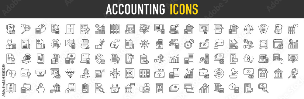 Accounting icon set with Bookkeeping, Risk Management, Percentage ...