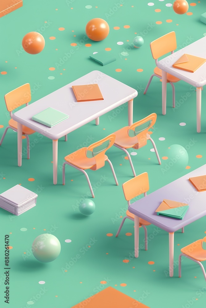 3D isometric minimalistic illustration of school desks and chairs ...