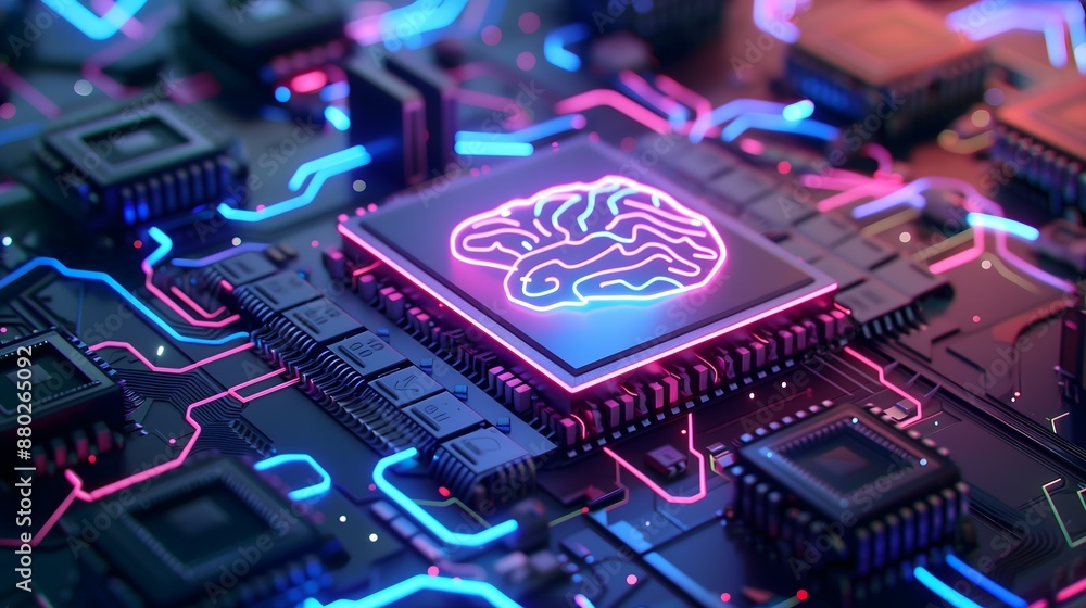 3D rendering of a modern microchip, emphasizing its integration with an ...