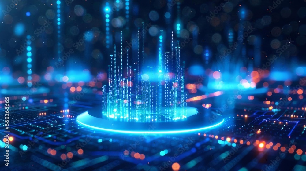 Data visualization featuring a glowing blue circular chart with ...