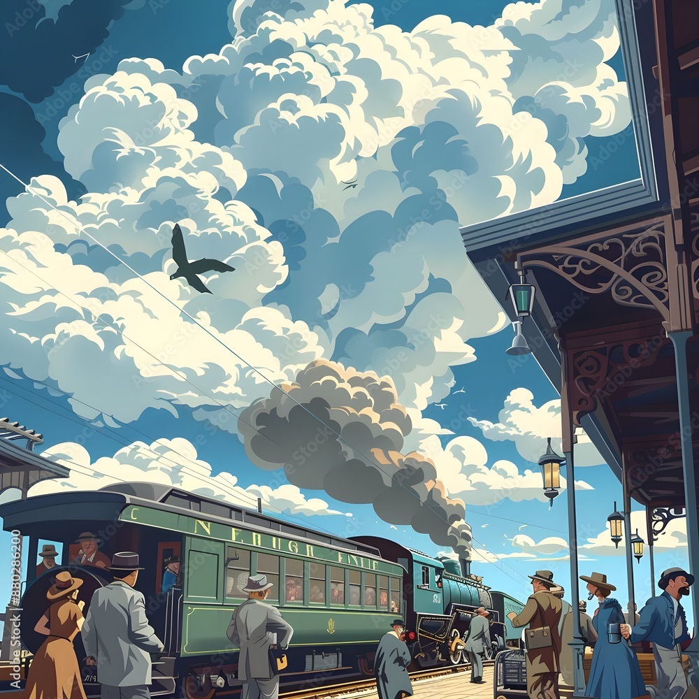 a high resolution cartoon style illustration of A bustling 1940s train ...