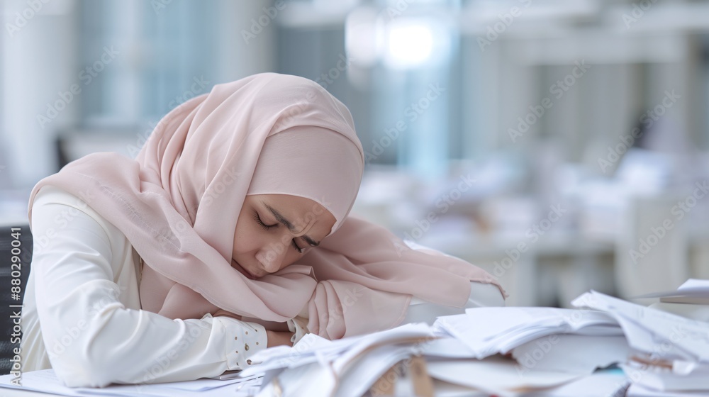 Foto de Back view of a middle-aged Muslim woman in hijab, sighing with ...
