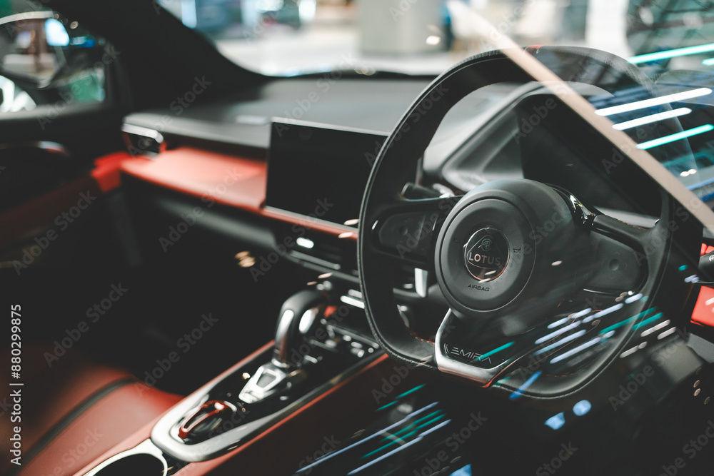 Interior of Lotus Emira. Steering wheel and dashboard of Lotus EMIRA ...