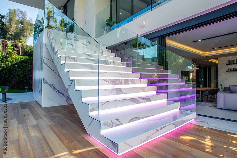 White marble L-shape floating neon stairs with RGB LED stripe light ...
