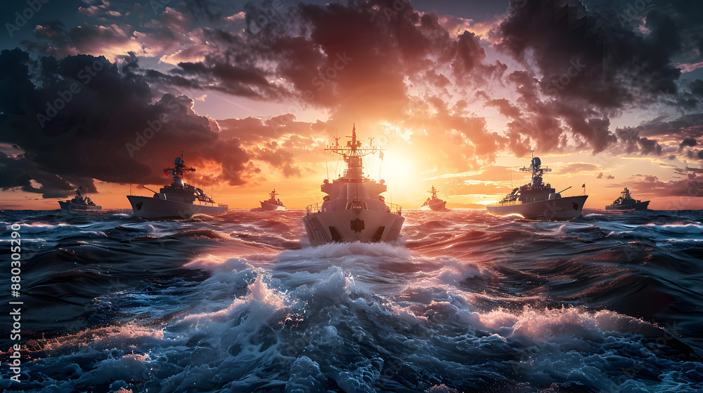 Navy Destroyer in high seas on the ocean at night with a full moon ...