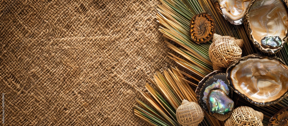 Maori themed objects like mere, abalone shells, and a Whanua label ...