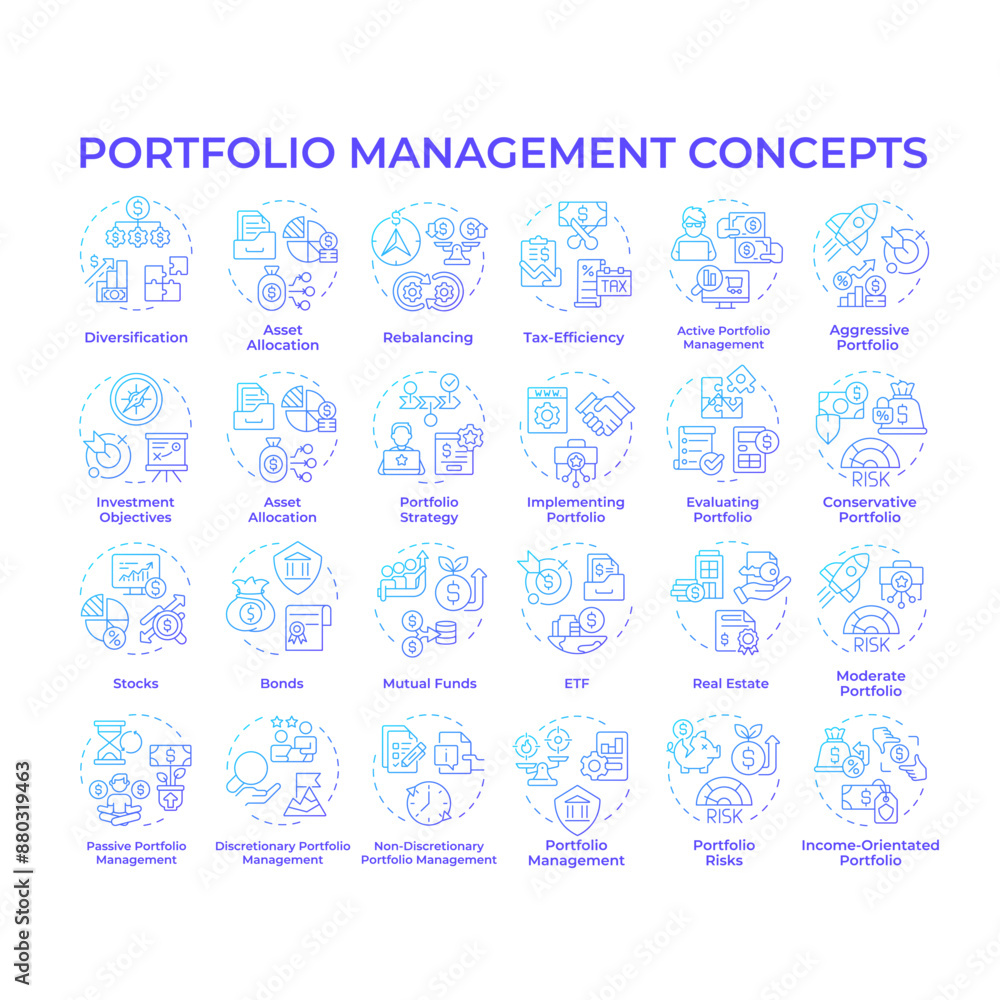 Portfolio management blue gradient concept icons. Asset allocation and management. Tax ...