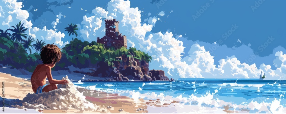 A pixel art depiction of a pixelated child building a pixelated ...