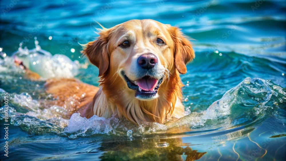Golden retriever dog swims alone in clear blue water, ripples and ...