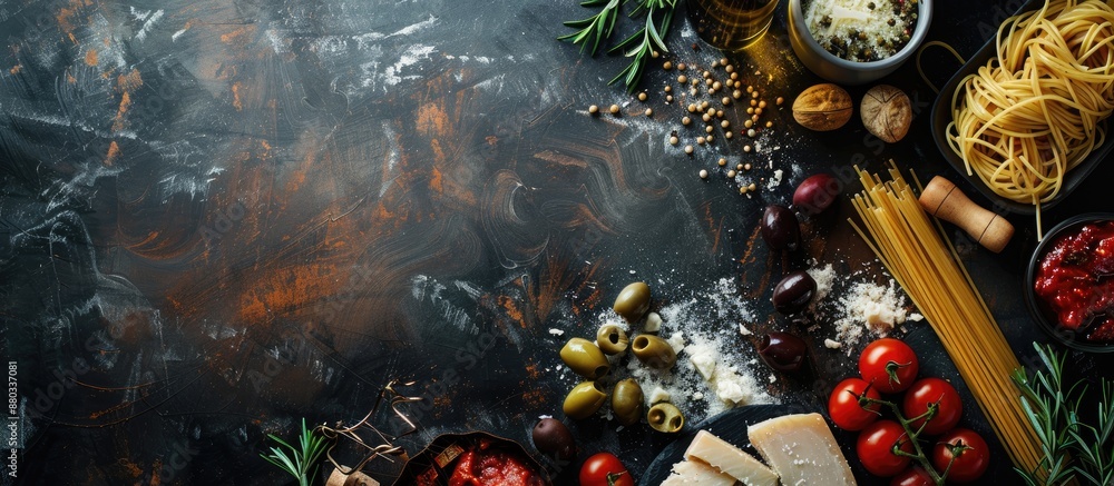 Italian food backdrop with spaghetti wine mozzarella parmesan olives ...