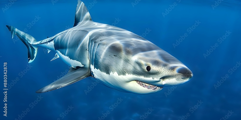 ภาพประกอบสต็อก Powerful great white shark dominates ocean as apex ...