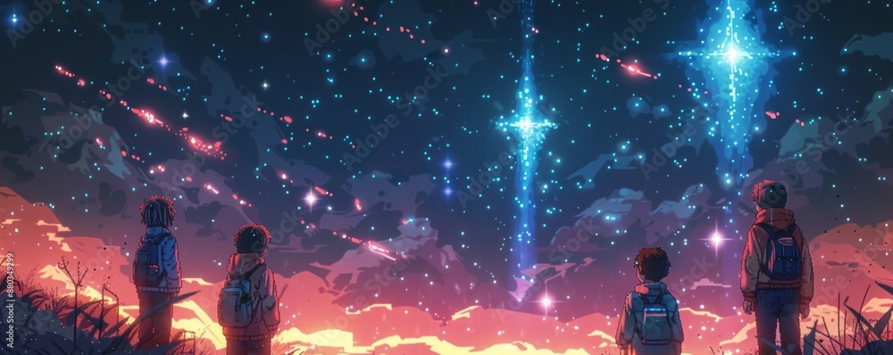 A pixel art depiction of a pixelated group of friends stargazing, their ...