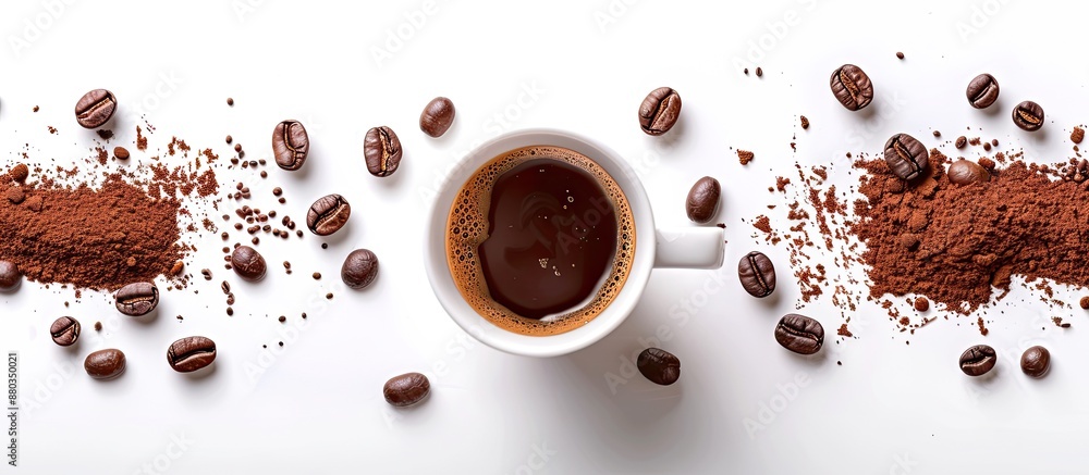 Coffee elements like espresso coffee powder and beans placed around a ...