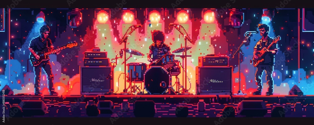 A pixel art rendition of a pixelated band playing pixelated music ...