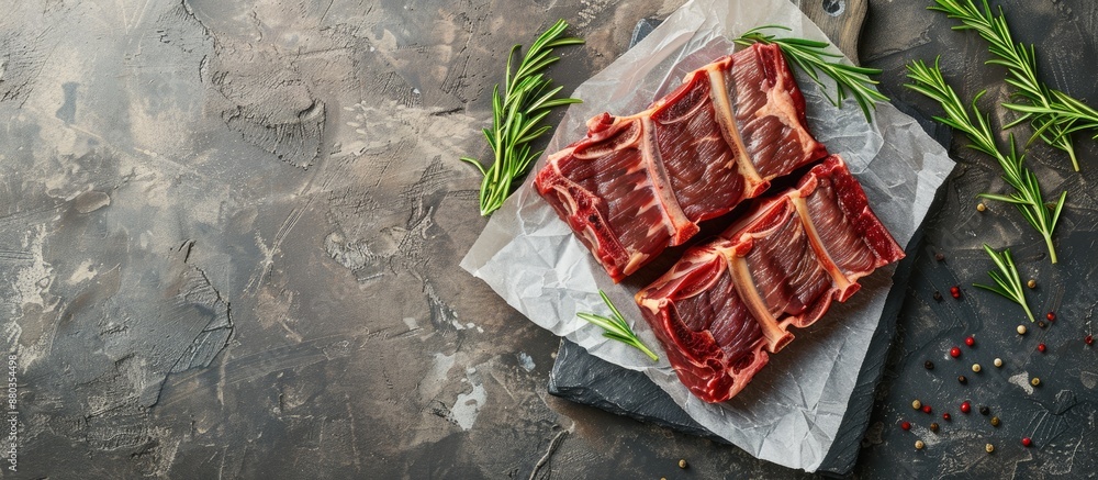 Vacuum packed beef short ribs displayed on a grey stone surface from a ...