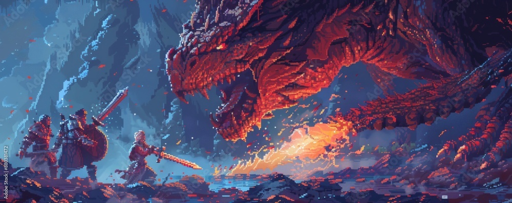 A pixel art rendition of a group of pixelated adventurers battling a ...